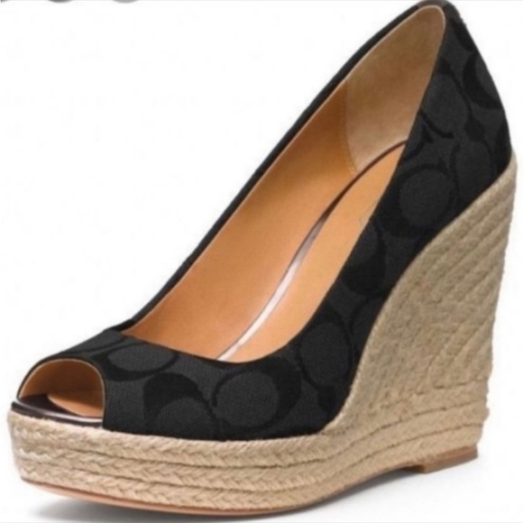Coach | Shoes | Coach Signature Logo Black Milan Peep Toe Espadrille ...